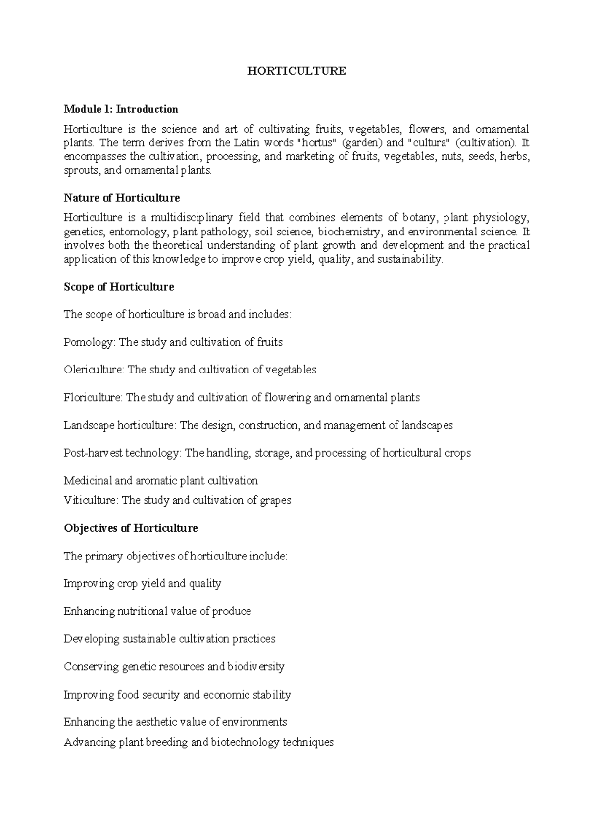 Module 3 - nil - HORTICULTURE Module 1: Introduction Horticulture is ...