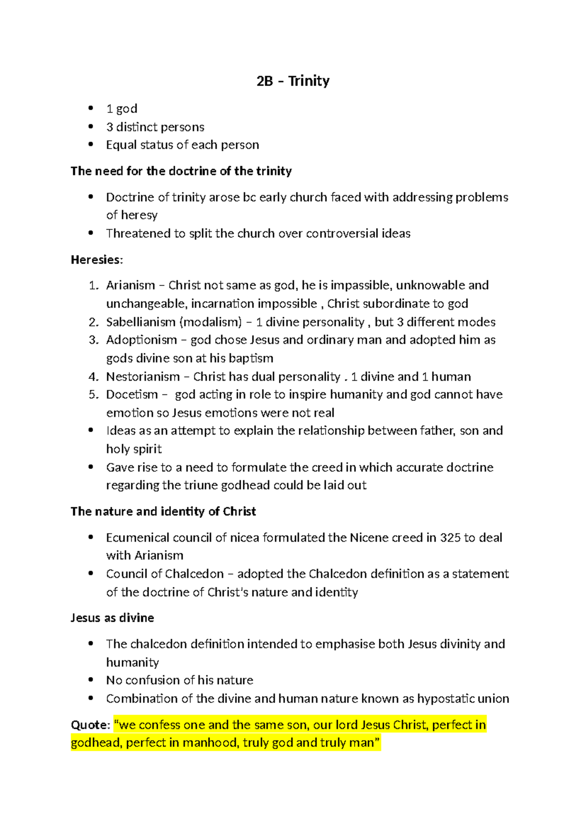 2B trinity - detailed notes - 2B – Trinity 1 god 3 distinct persons ...