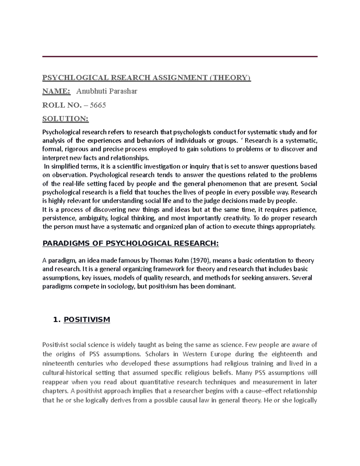 PR Assignment psychology - PSYCHLOGICAL RSEARCH ASSIGNMENT (THEORY ...