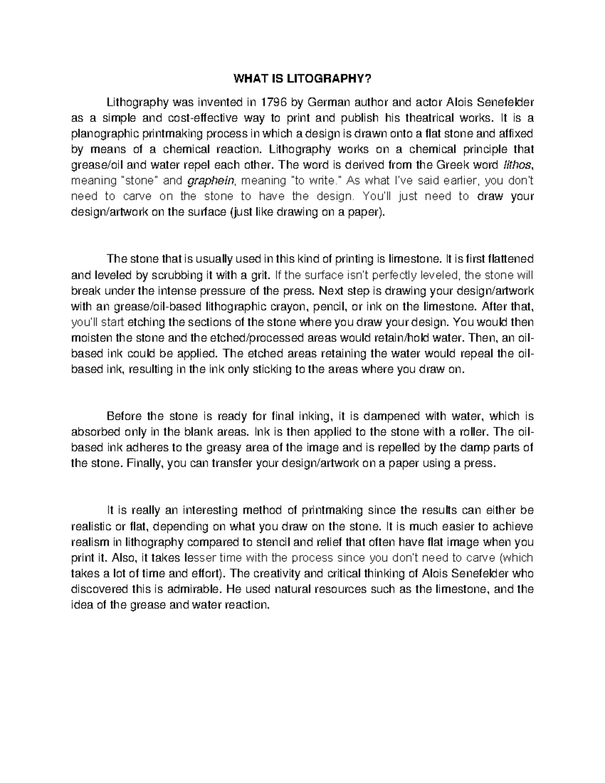 WHAT IS Lithography - WHAT IS LITOGRAPHY? Lithography was invented in ...