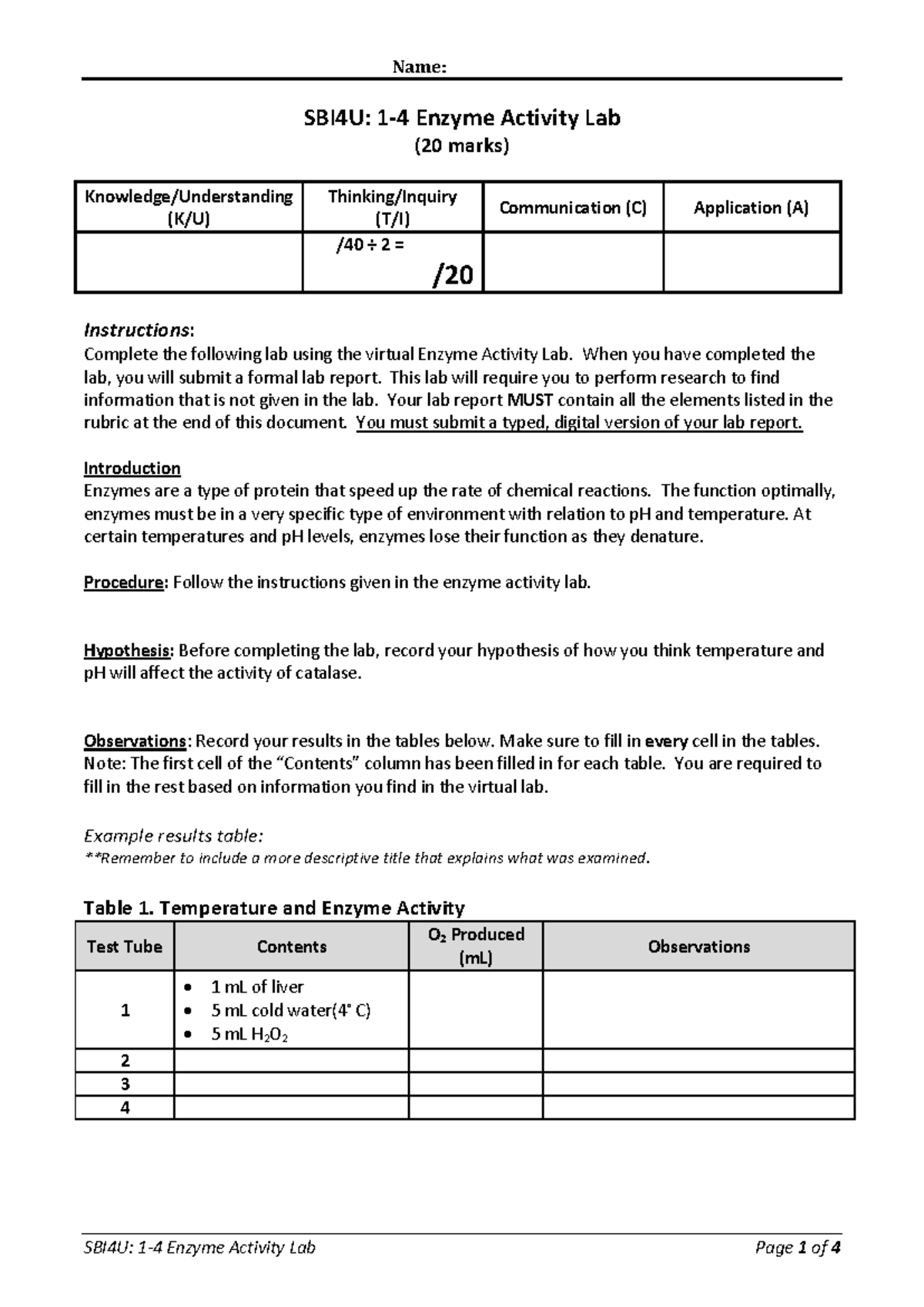 1-4 Enzyme Activity Lab - When you have completed the lab, you will ...