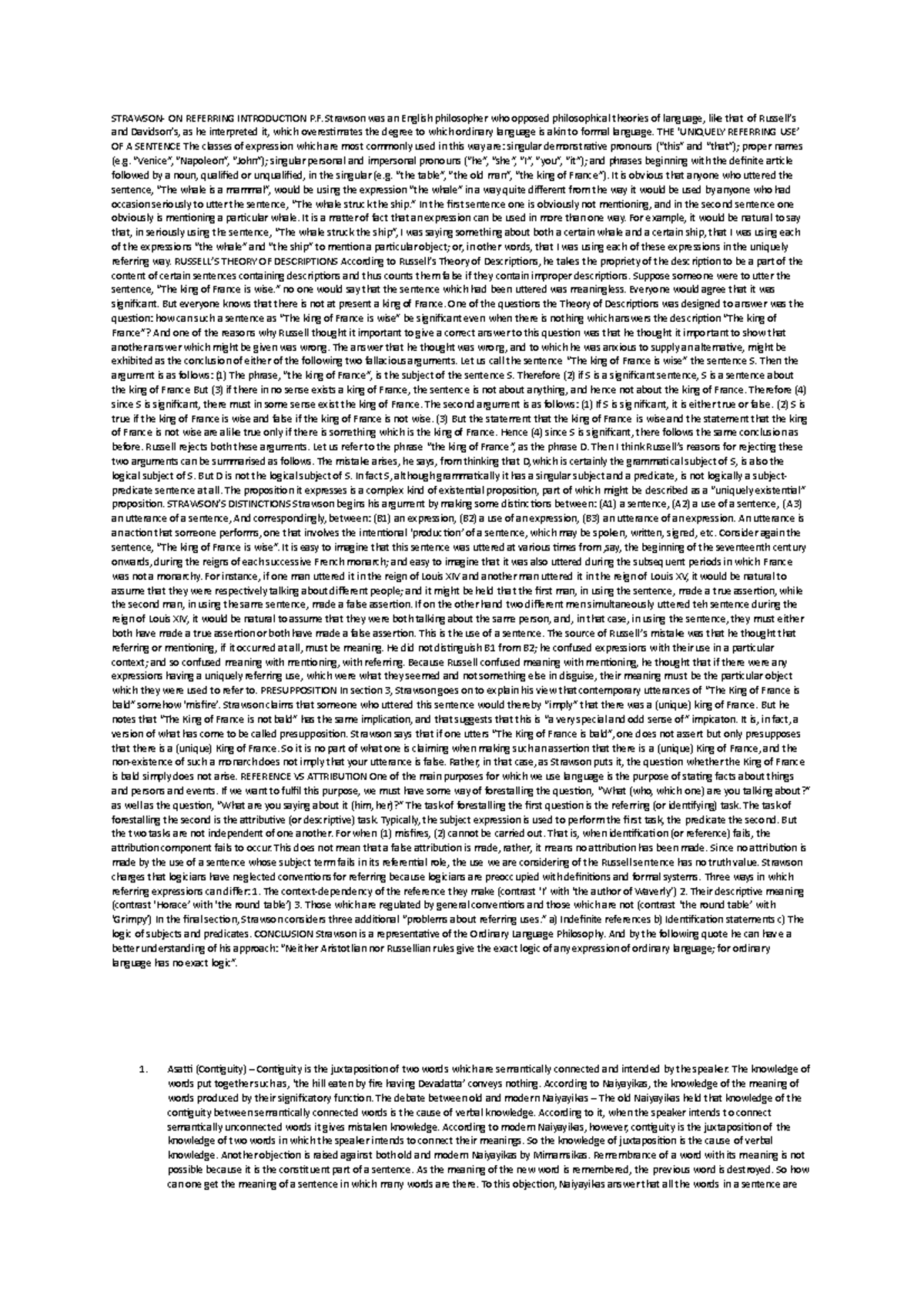 Strawson - notes - STRAWSON- ON REFERRING INTRODUCTION P. Strawson was ...