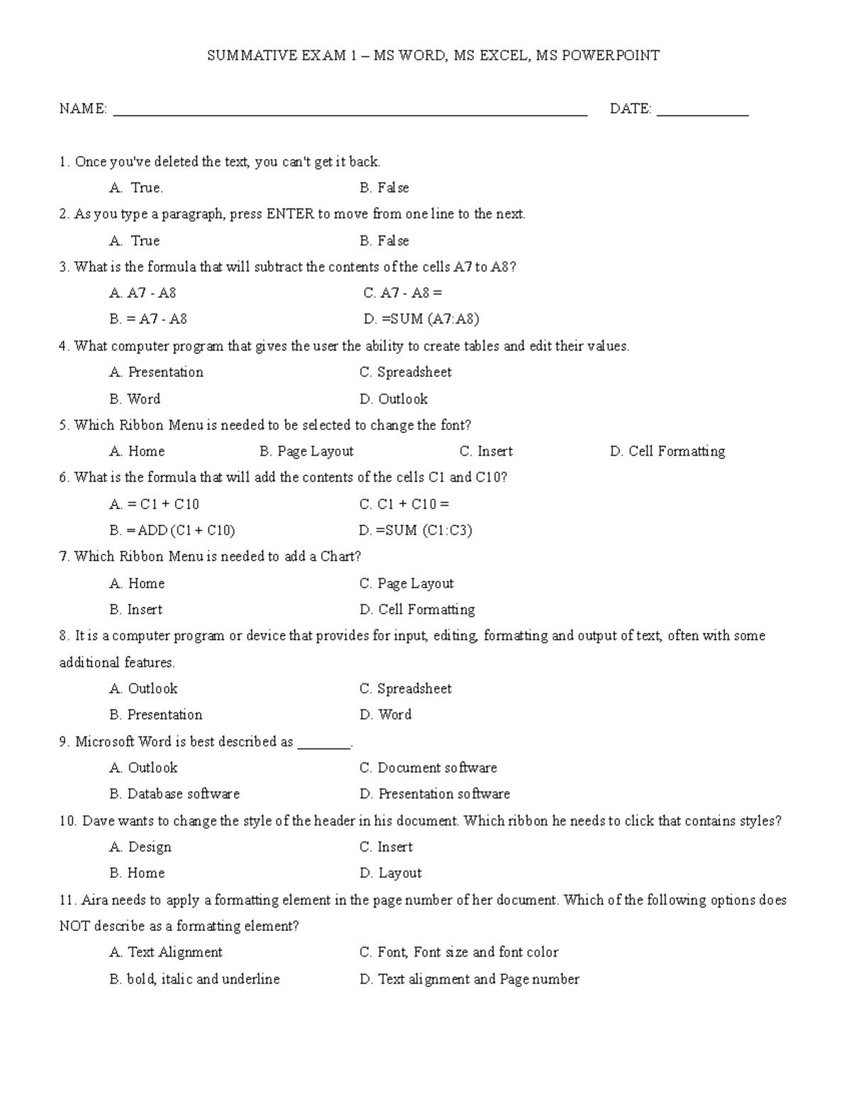Summative test 1 - SUMMATIVE EXAM 1 – MS WORD, MS EXCEL, MS POWERPOINT ...