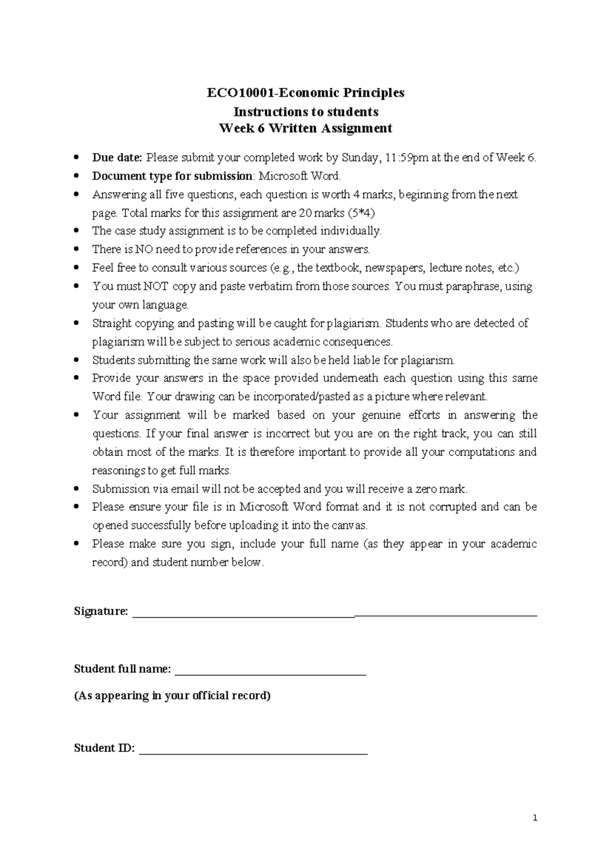 Week 6 Case Study Assignment Questions Eco10001 Economic Principles