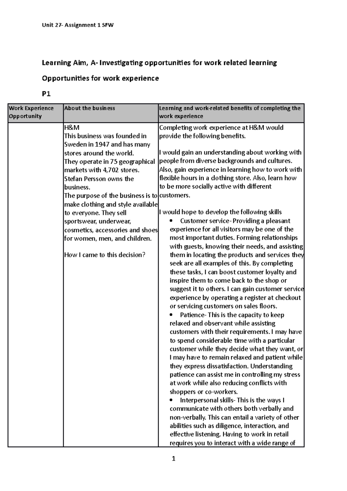 Unit 27- Assignment 1 - Learning Aim, A- Investigating opportunities ...