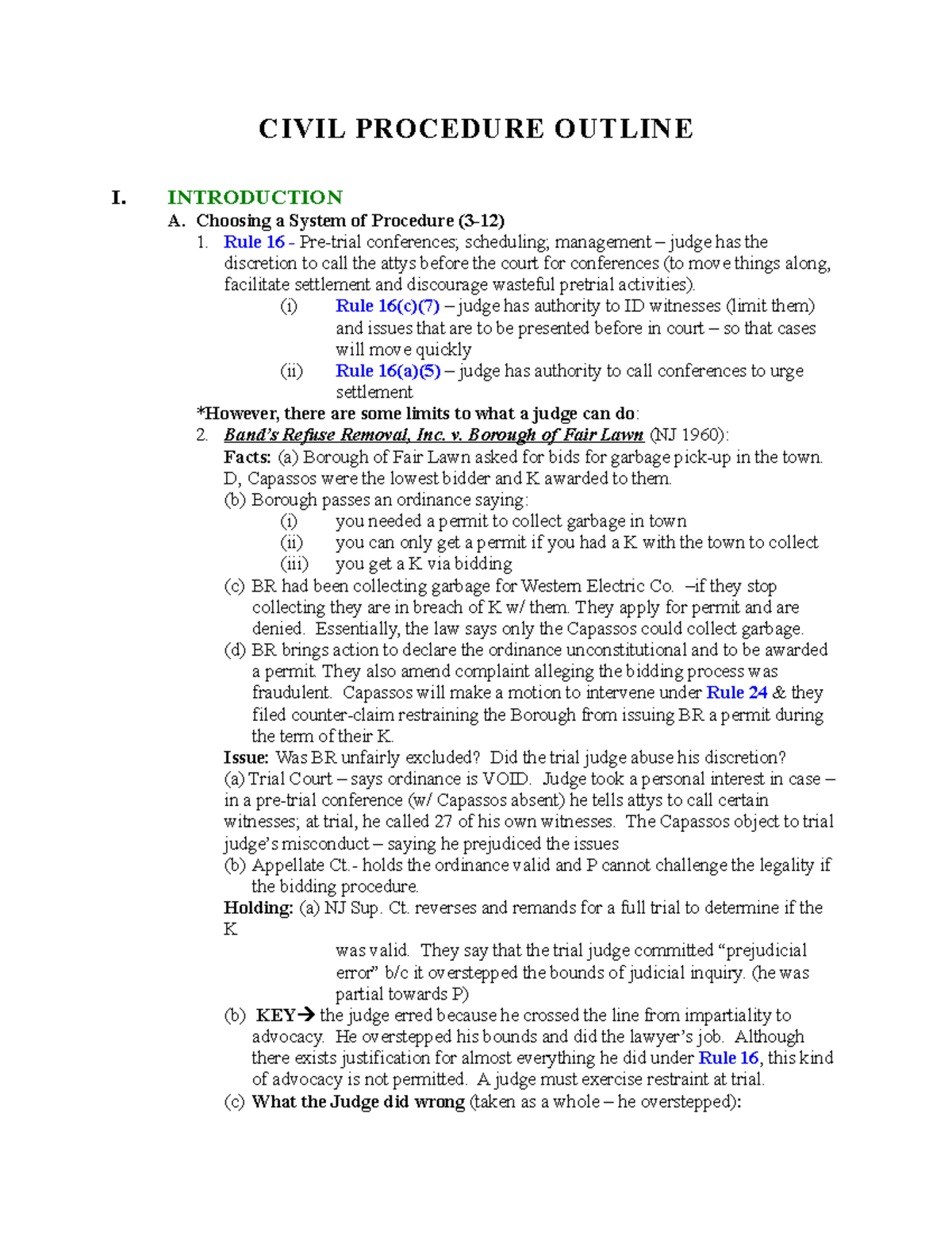 Civil Procedure Law Outline 3 - CIVIL PROCEDURE OUTLINE I. INTRODUCTION ...