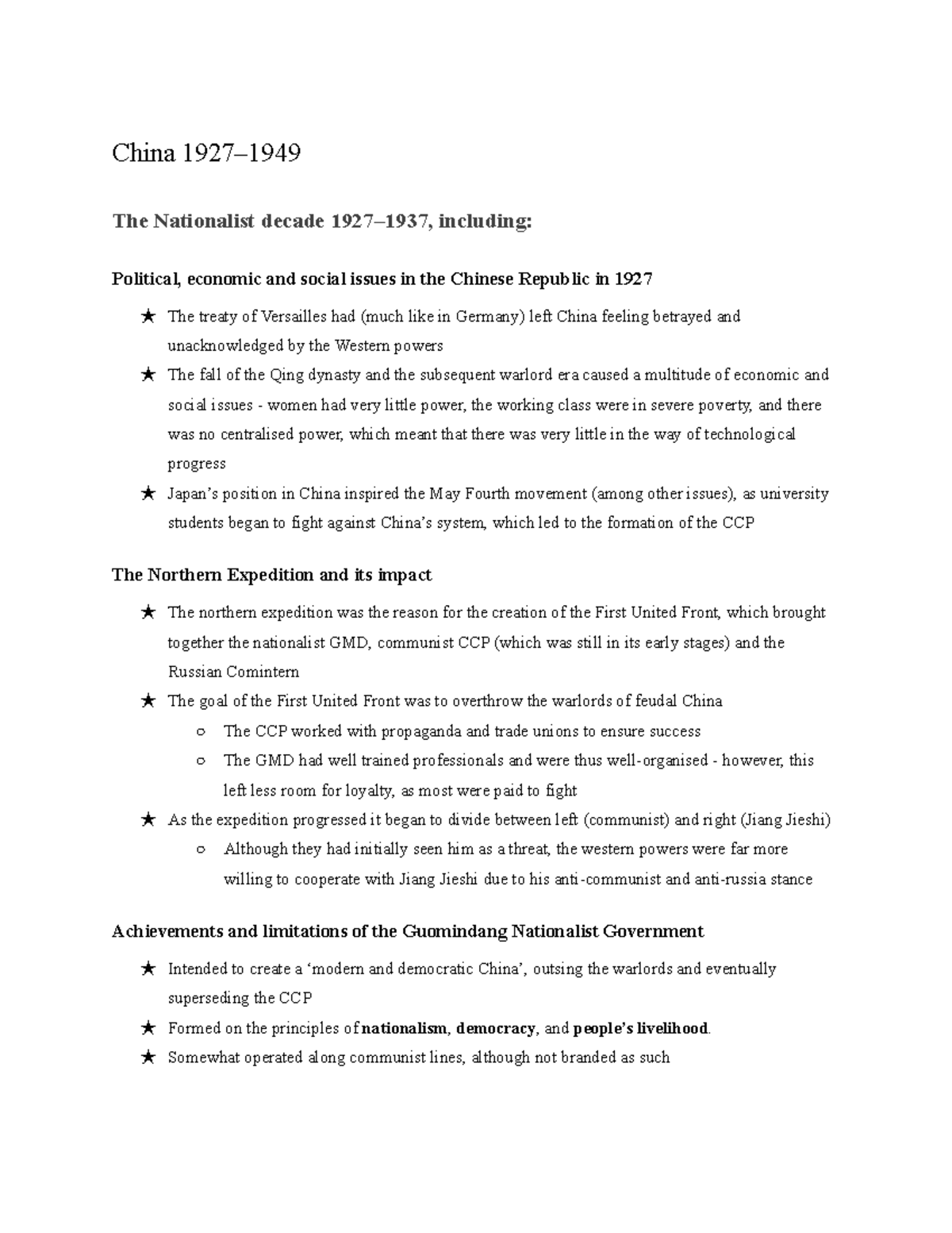 Modern History HSC notes, China 1927-1949 - China 1927– The Nationalist ...
