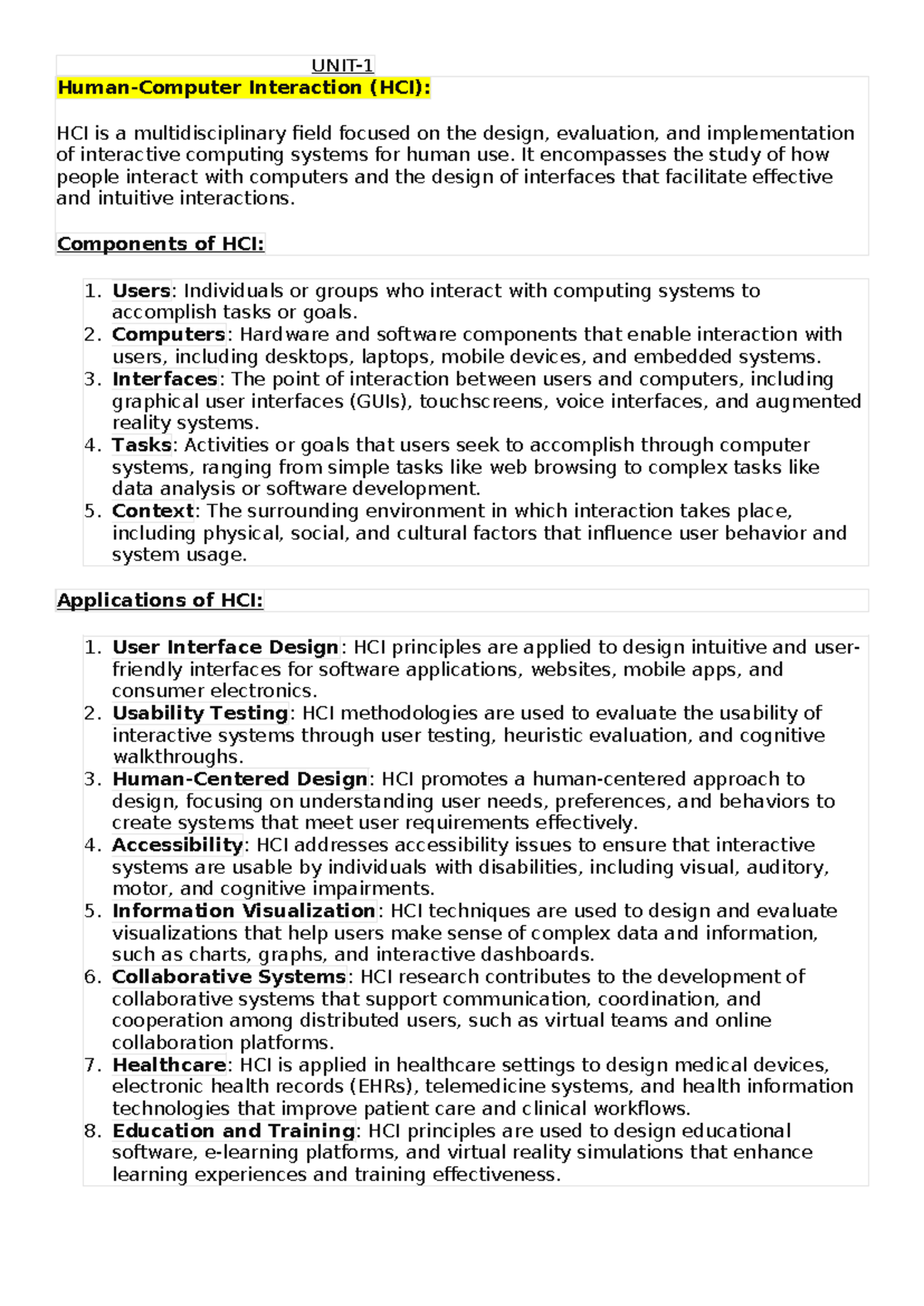 Unit1 hci - UNIT- Human-Computer Interaction (HCI): HCI is a ...