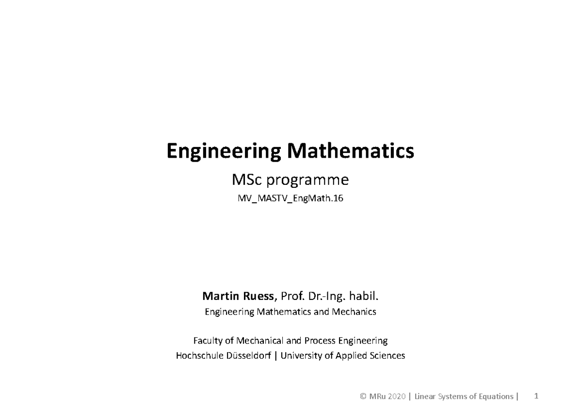 Unit 1 - Linear Systems Of Equations I - Engineering Mathematics MSc ...