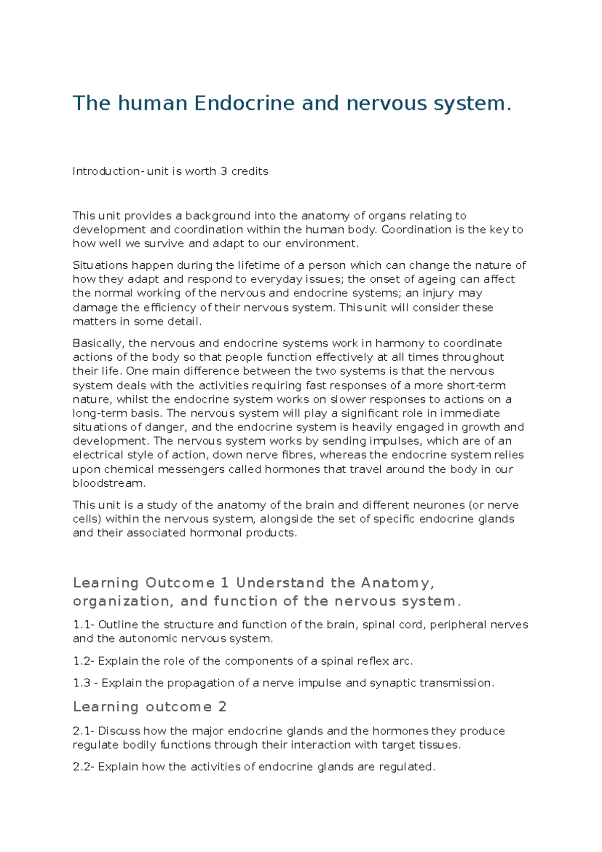 Unit 10 - to help - The human Endocrine and nervous system ...