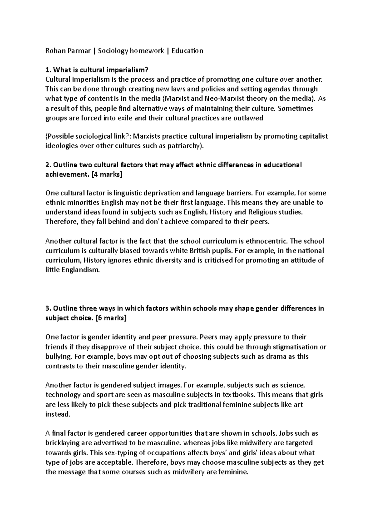 Exam questions homework sociology education 3 - Rohan Parmar ...