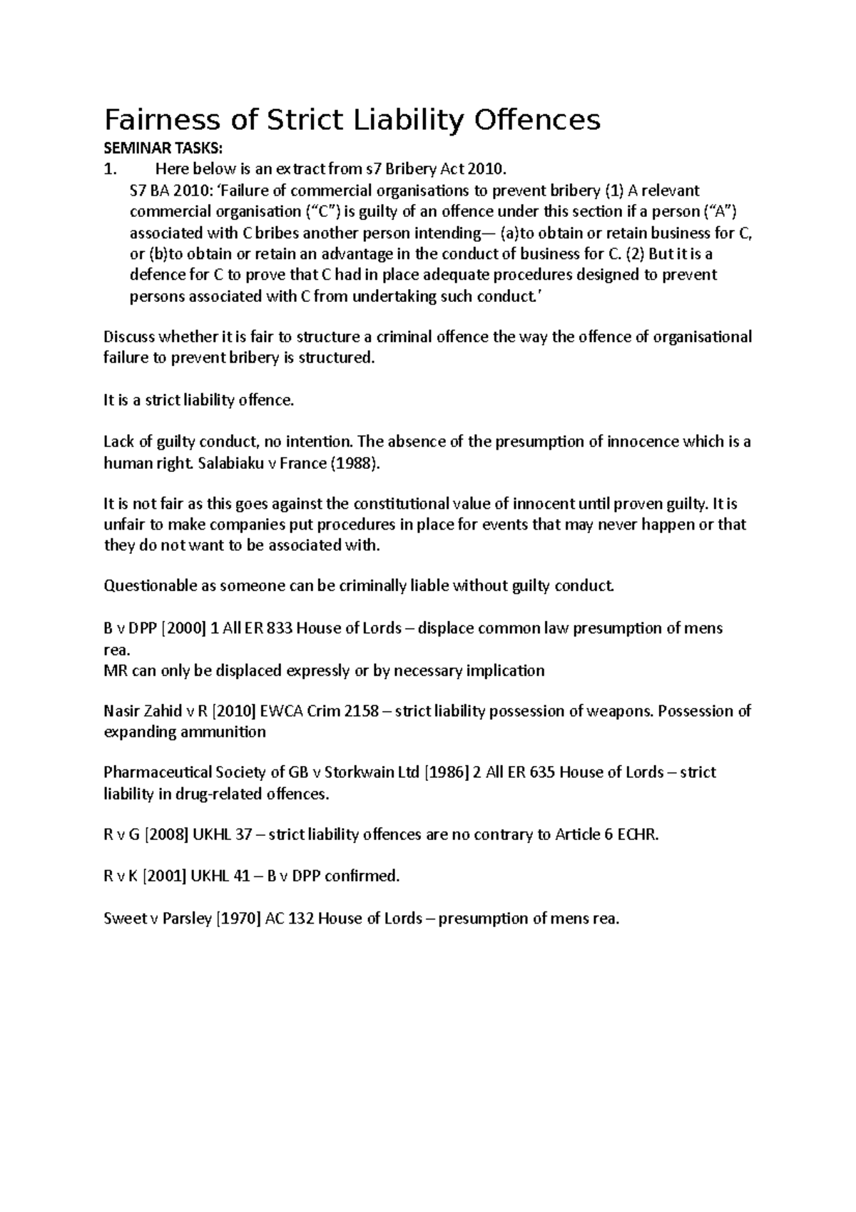 Fairness of Strict Liability Offences Seminar - Fairness of Strict ...