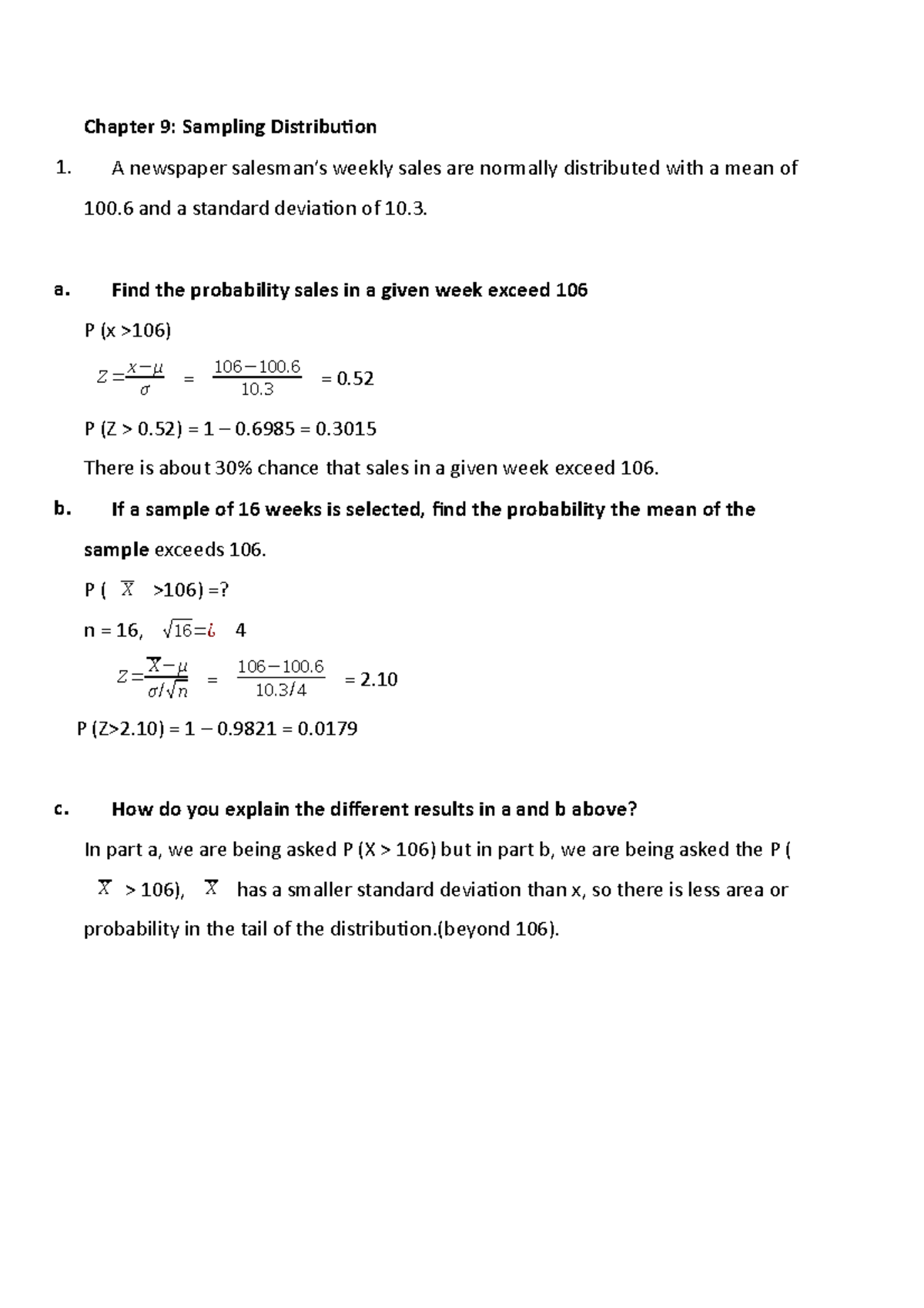 Solution HW - Floyd Sutherland - Chapter 9: Sampling Distribution - Studocu