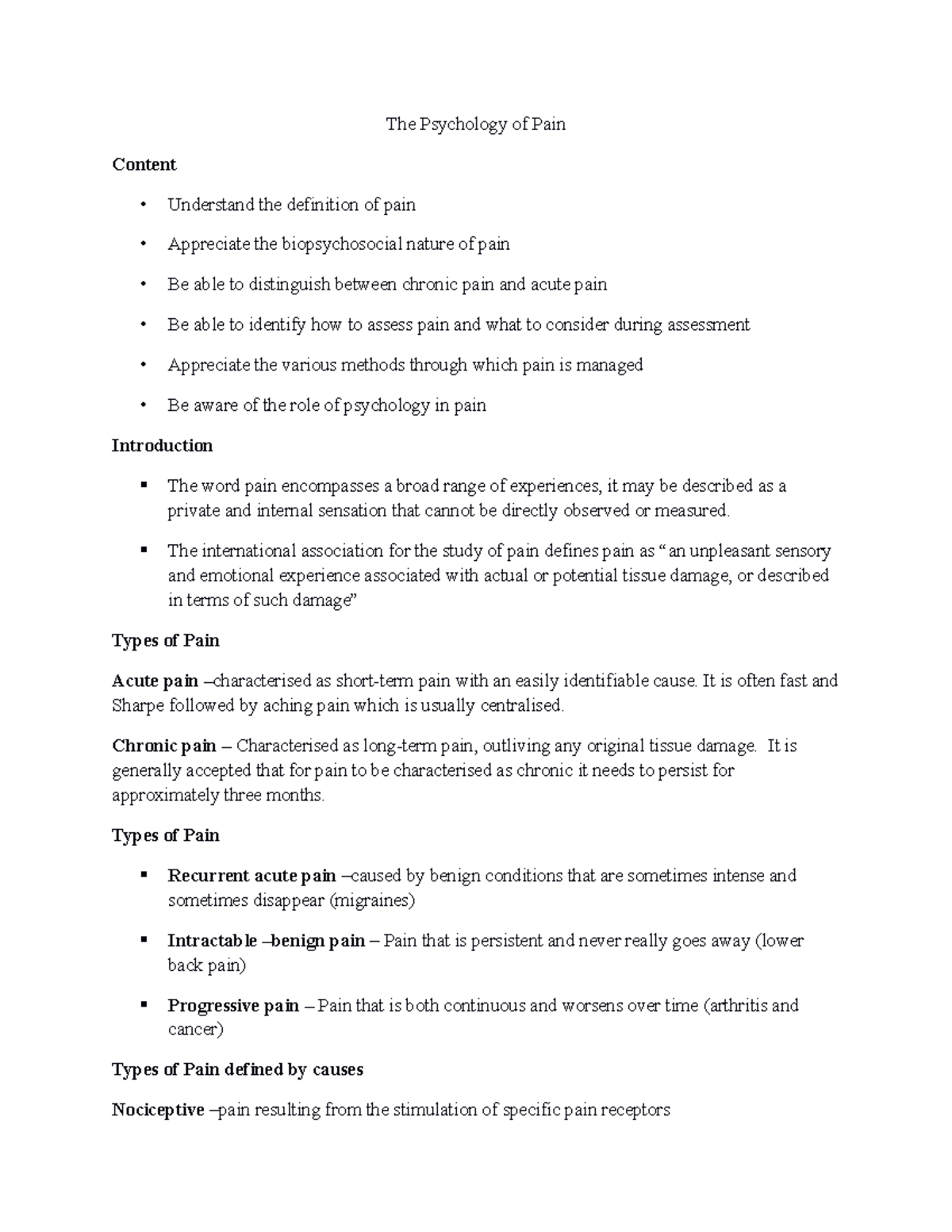 Chapter seven - The Psychology of Pain Content Understand the ...