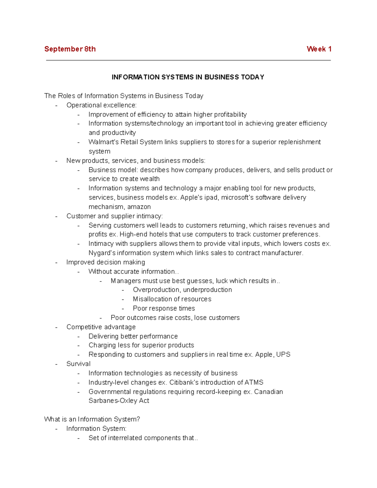 ITM102 Full Notes - September 8th Week 1 INFORMATION SYSTEMS - Studocu