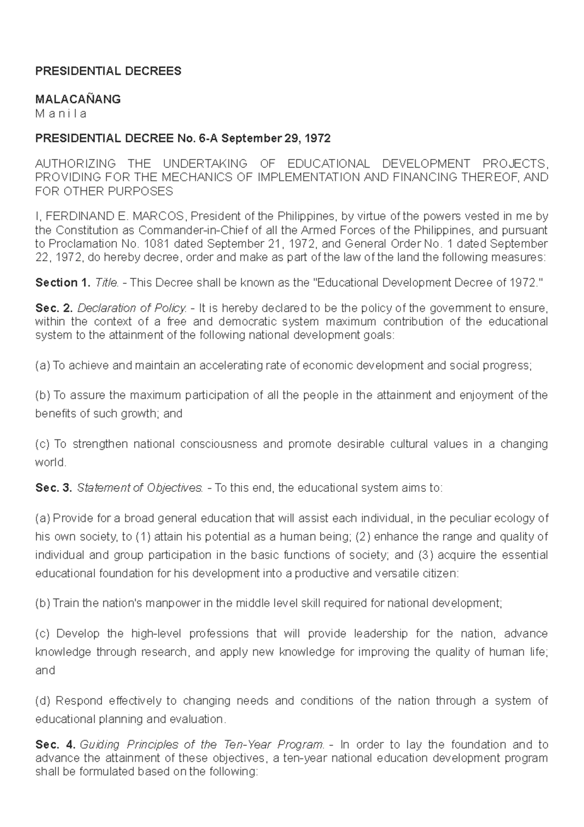 PD 6-A - FOR TEACHING APPROACH IN SEC.SS - PRESIDENTIAL DECREES ...