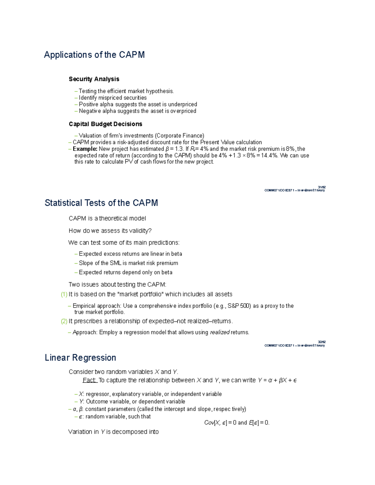Applications of CAPM - notes - Applications of the CAPM Security ...