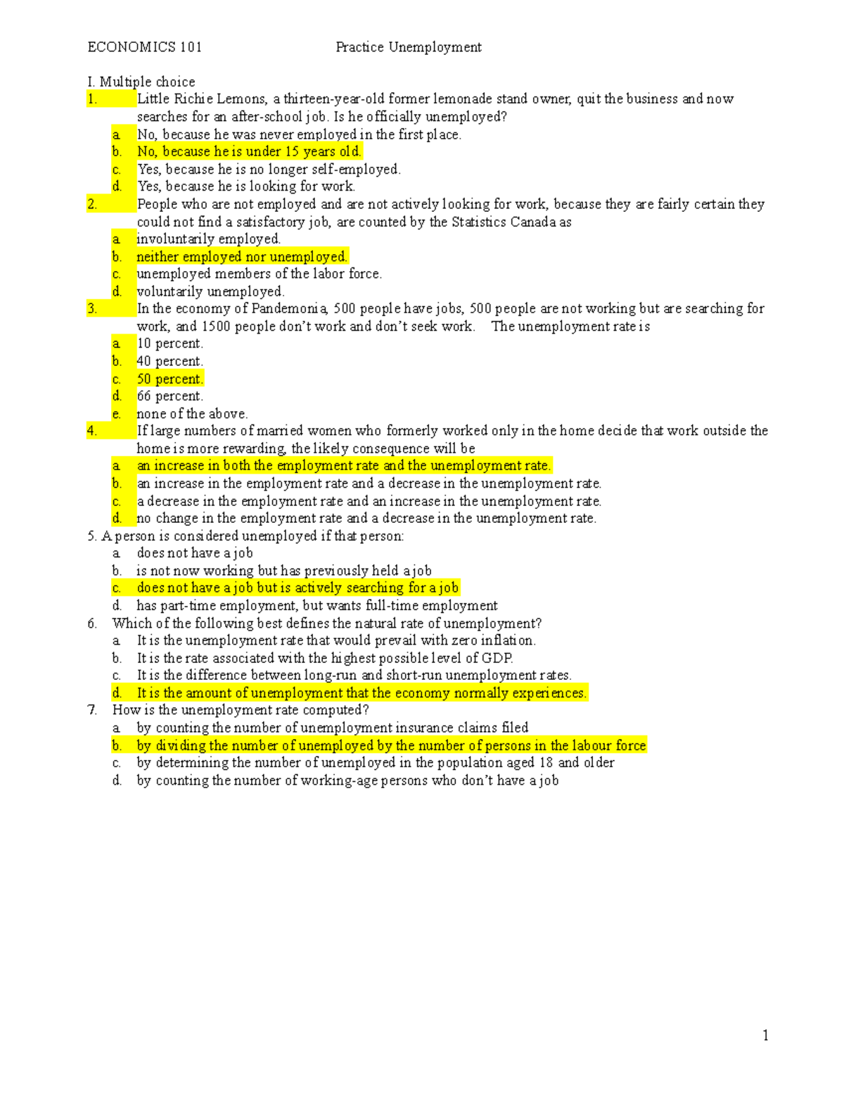 PS5 Unemployment answer - ECONOMICS 101 Practice Unemployment I ...