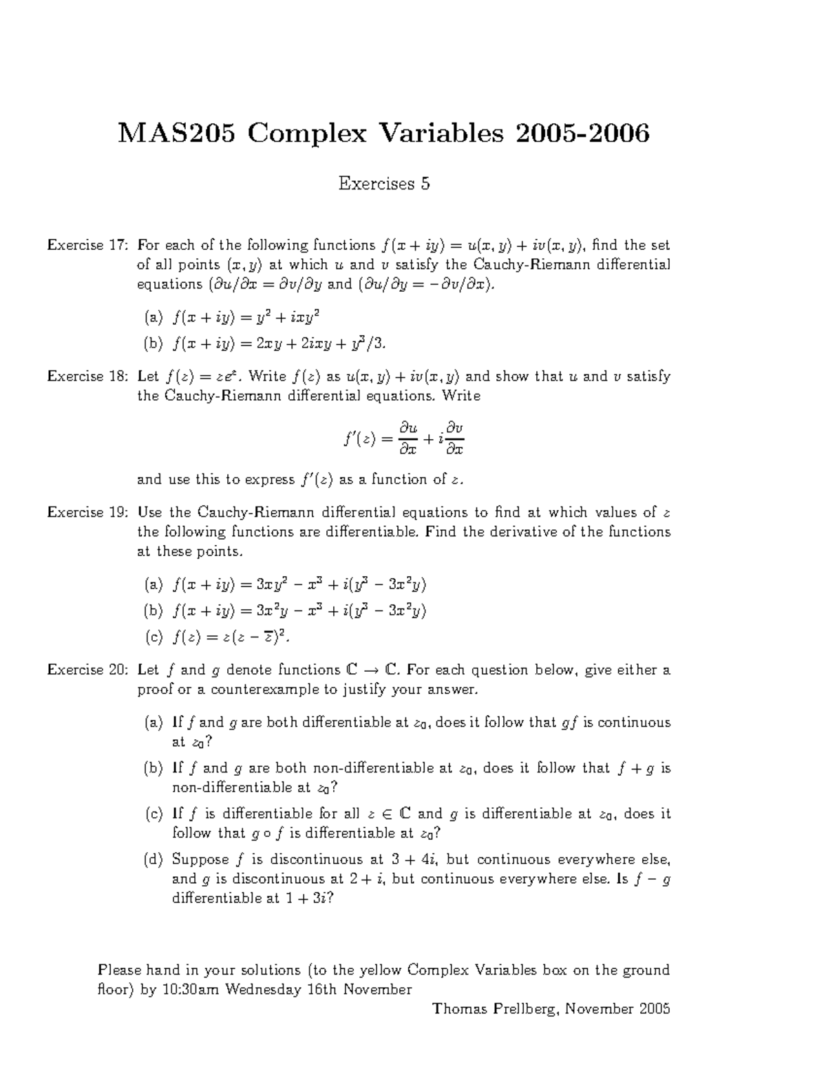 Coursework 05 - Questions - MAS205 Complex Variables 2005-2006 ...
