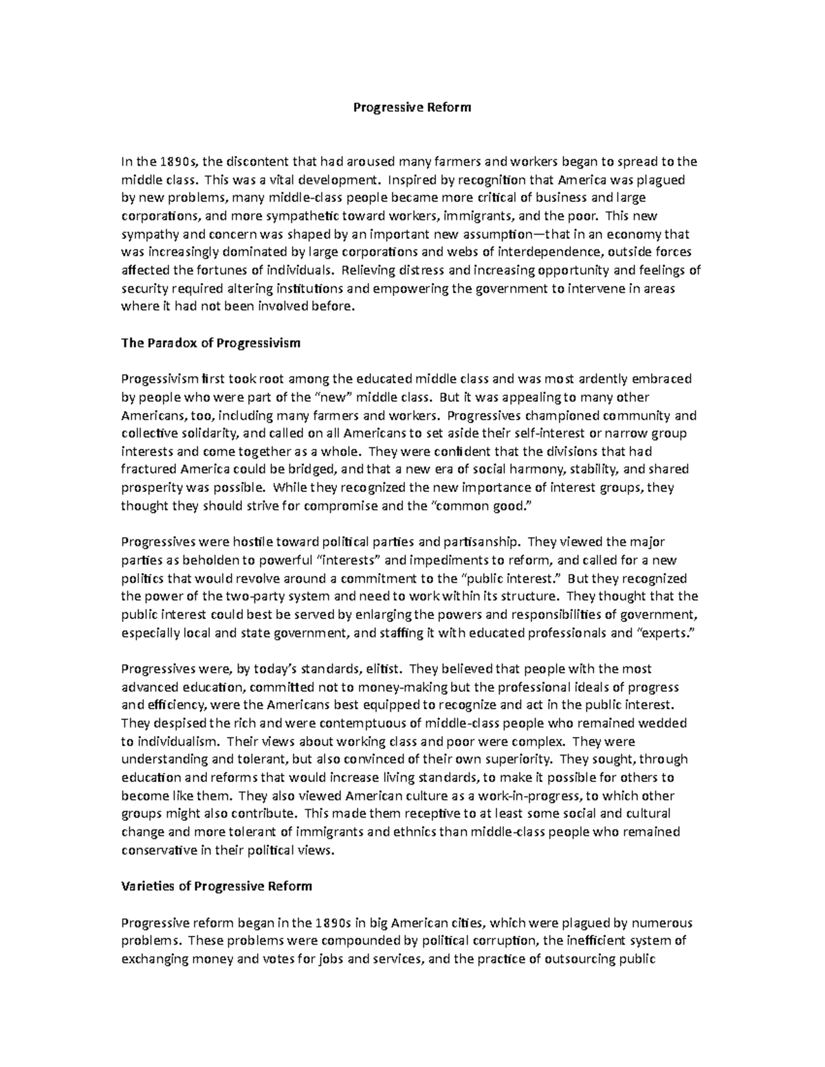 Progressive Reform - Lecture notes 4 - Progressive Reform In the 1890s ...