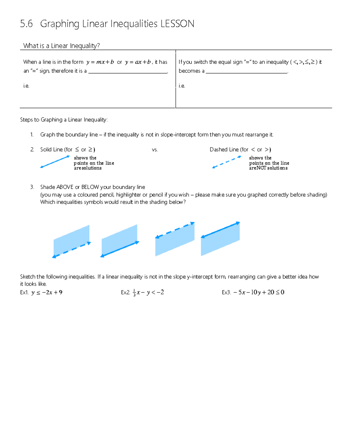 5.6 Graph Inequalities - 5 Graphing Linear Inequalities LESSON What is ...