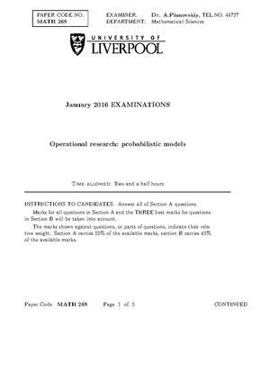 Exam January 2012, questions and answers - MATH 268: Operational ...