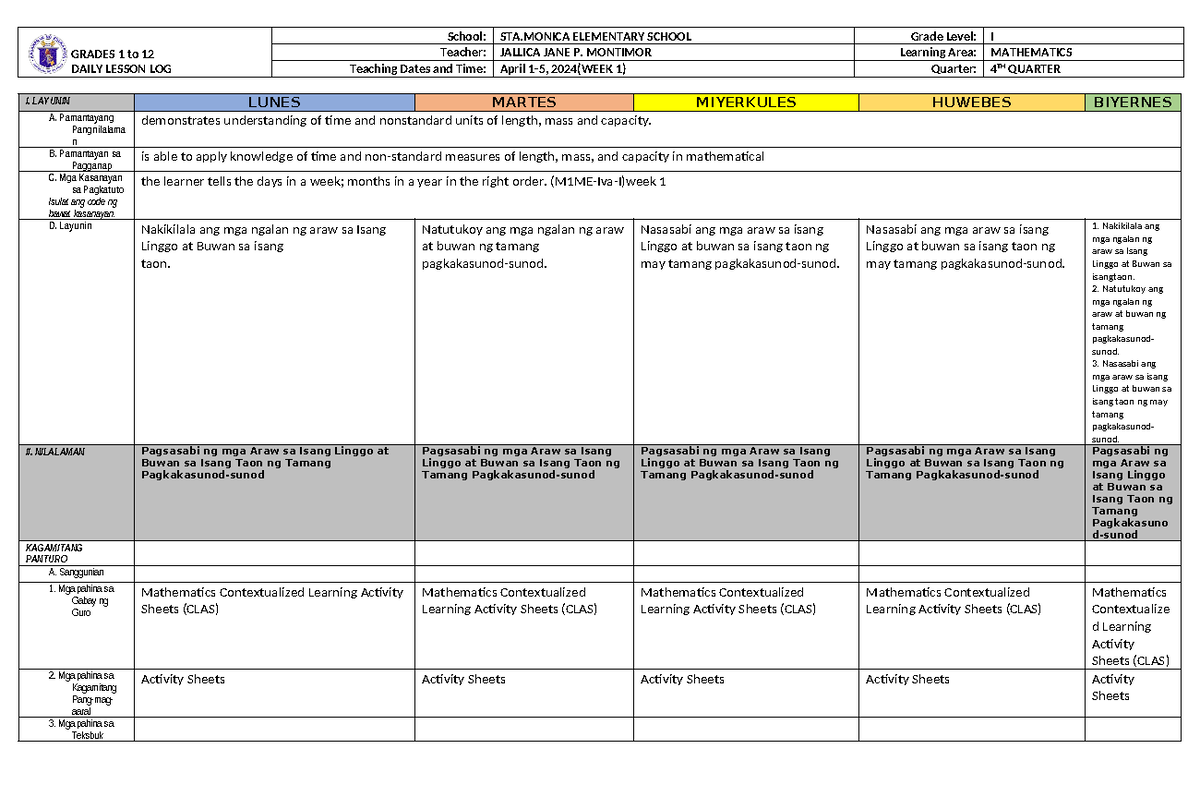 4th Mathdll WEEK 1 - GRADES 1 to 12 DAILY LESSON LOG School: STA ...