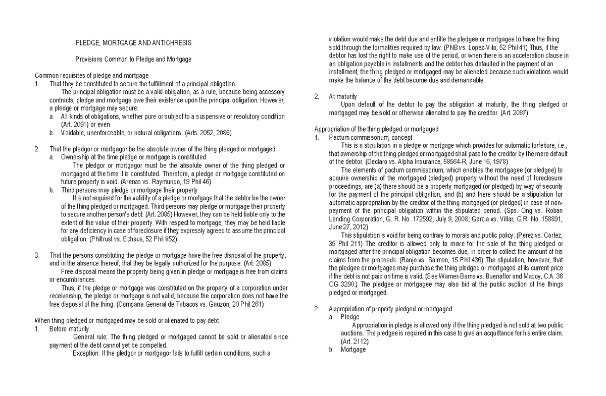 Pdfcoffee - Pledge, Mortgage, Antichresis - PLEDGE, MORTGAGE AND ANTICHRESIS Provisions Common ...