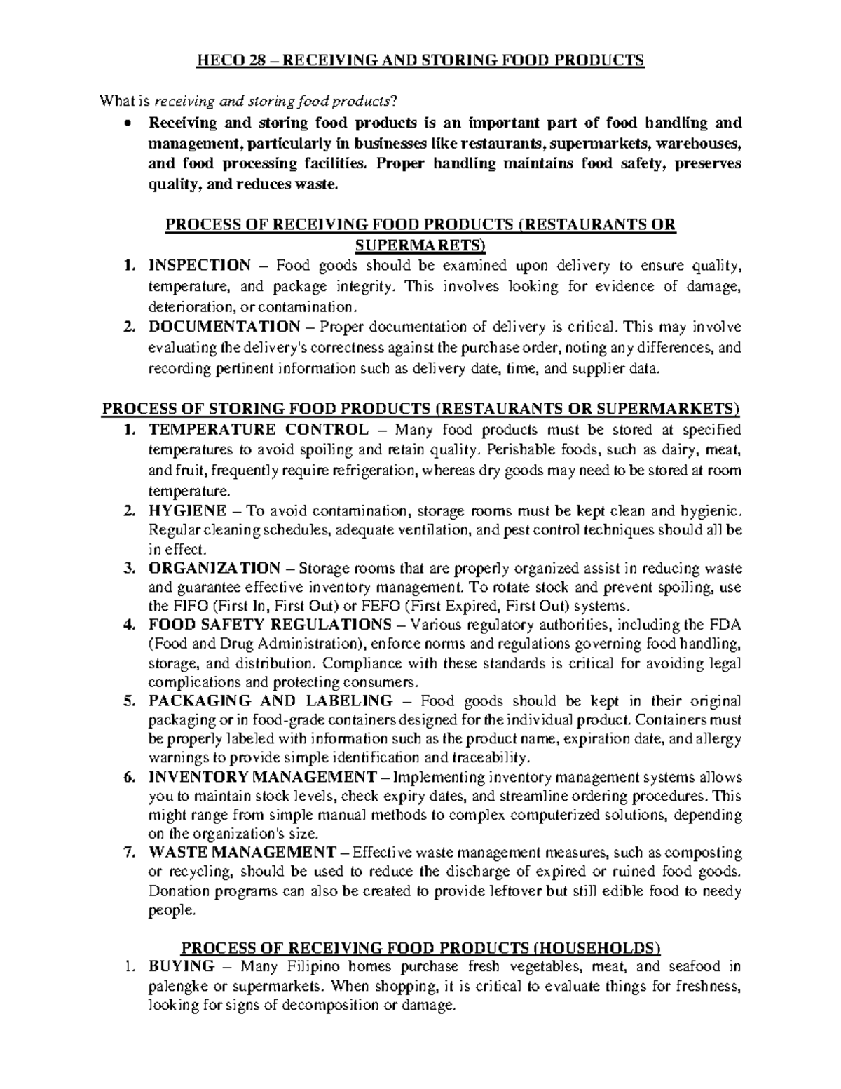 HECO 28 Receiving AND Storing FOOD Products - HECO 28 – RECEIVING AND ...
