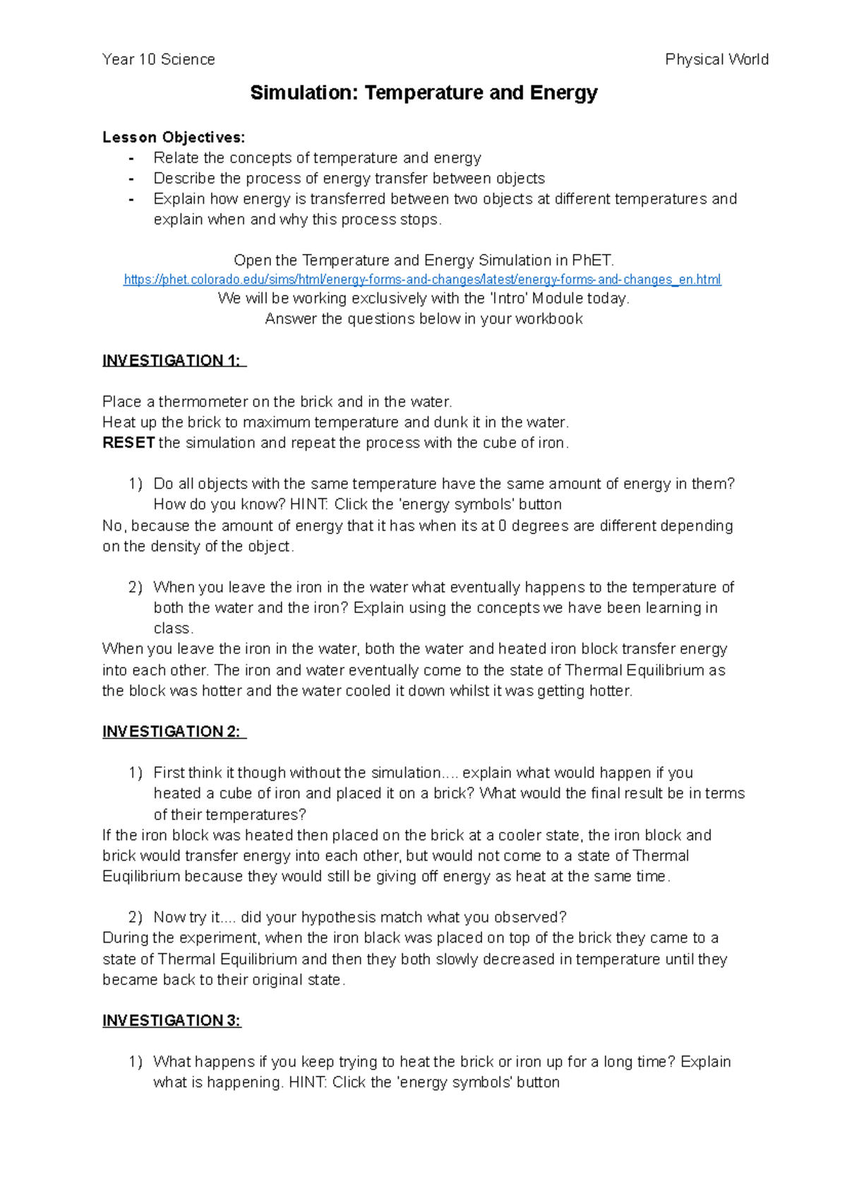 Temperature and Energy - Year 10 Science Physical World Simulation ...