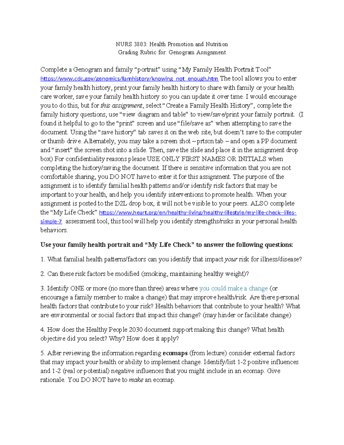 Genogram assignment Rubric 23 - NURS 3803: Health Promotion and ...