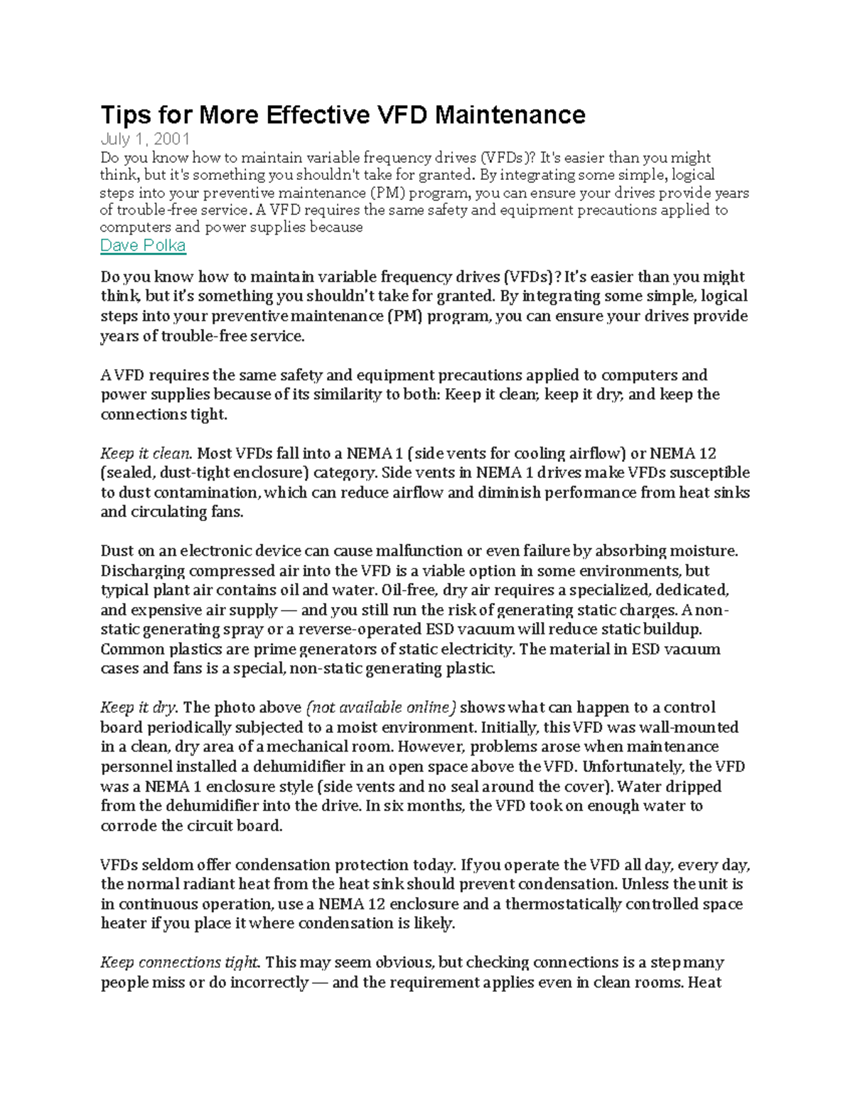 VFD - fdfee - Tips for More Effective VFD Maintenance July 1, 2001 ...