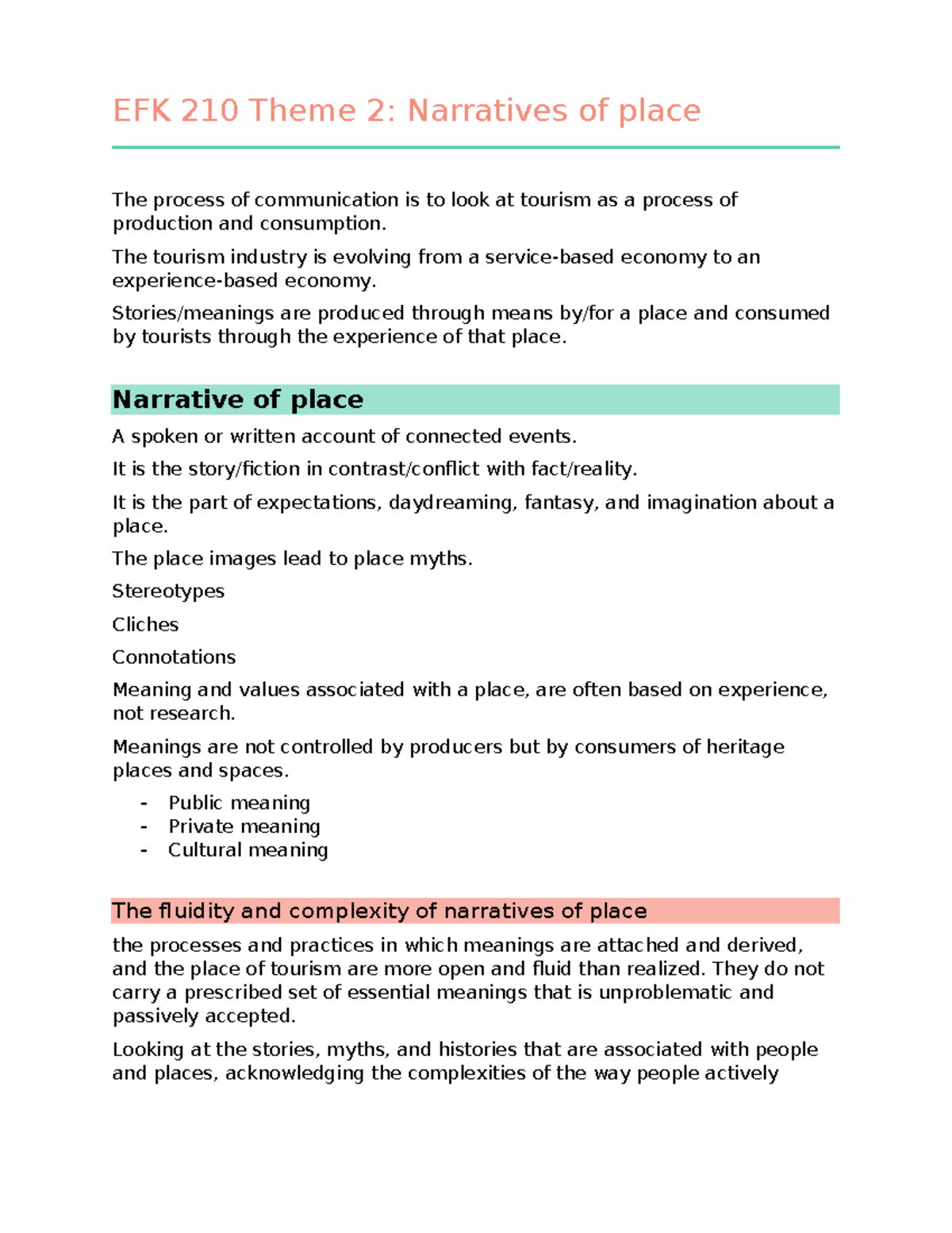 EFK 210 Theme 2 notes - Summary Heritage and cultural tourism - EFK 210 ...