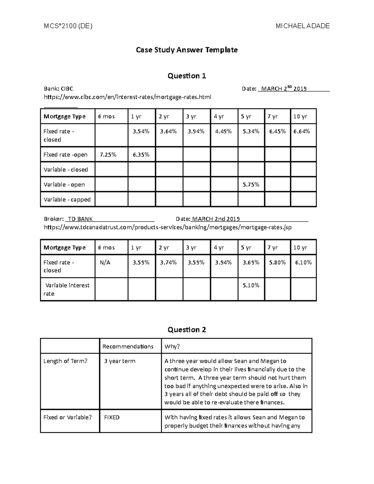 Adade Michael Casestudy - Case Study Answer Template Question 1 Bank ...