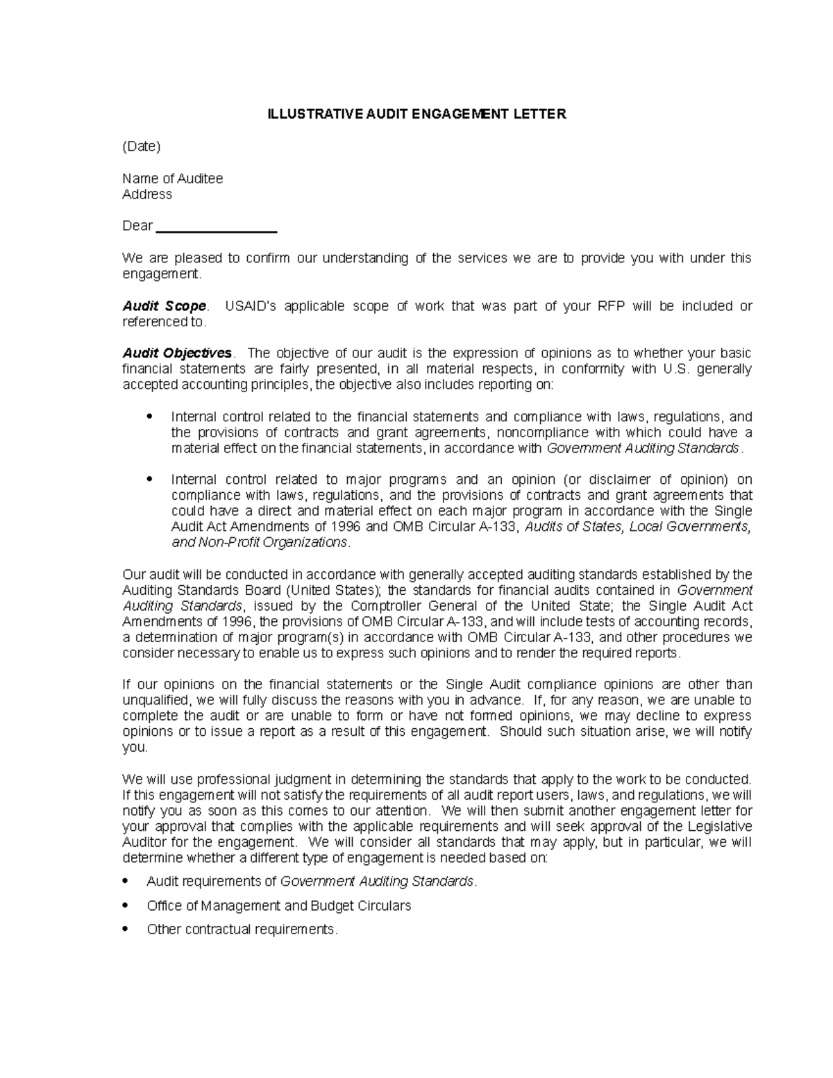 Sample Engagement Letter - ILLUSTRATIVE AUDIT ENGAGEMENT LETTER (Date ...