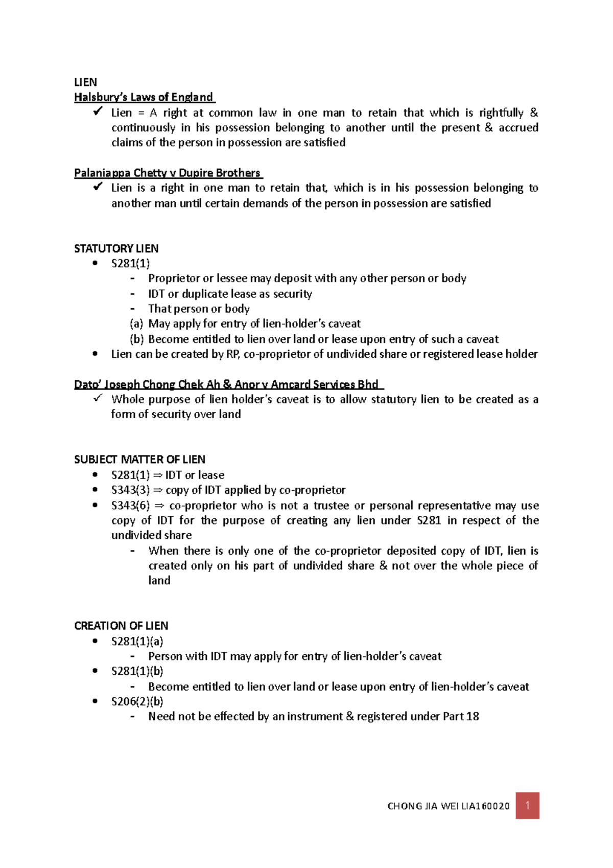 4 LIEN - Lecture notes 4 - LIEN Halsbury’s Laws of England Lien = A ...
