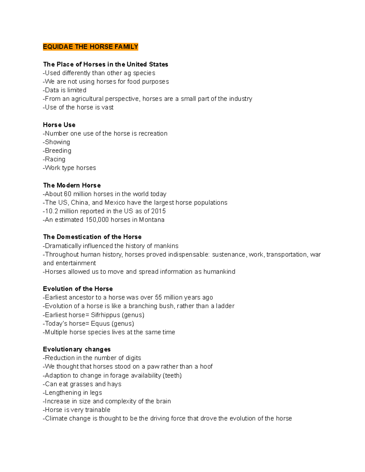 ANSC 1 - Equine notes - EQUIDAE THE HORSE FAMILY The Place of Horses in ...