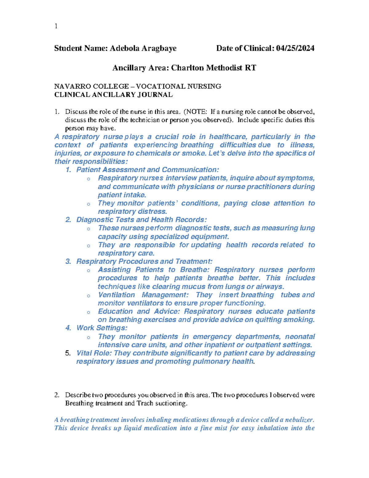 Clinical Ancillary Journal ready - 1 Student Name: Adebola Aragbaye ...