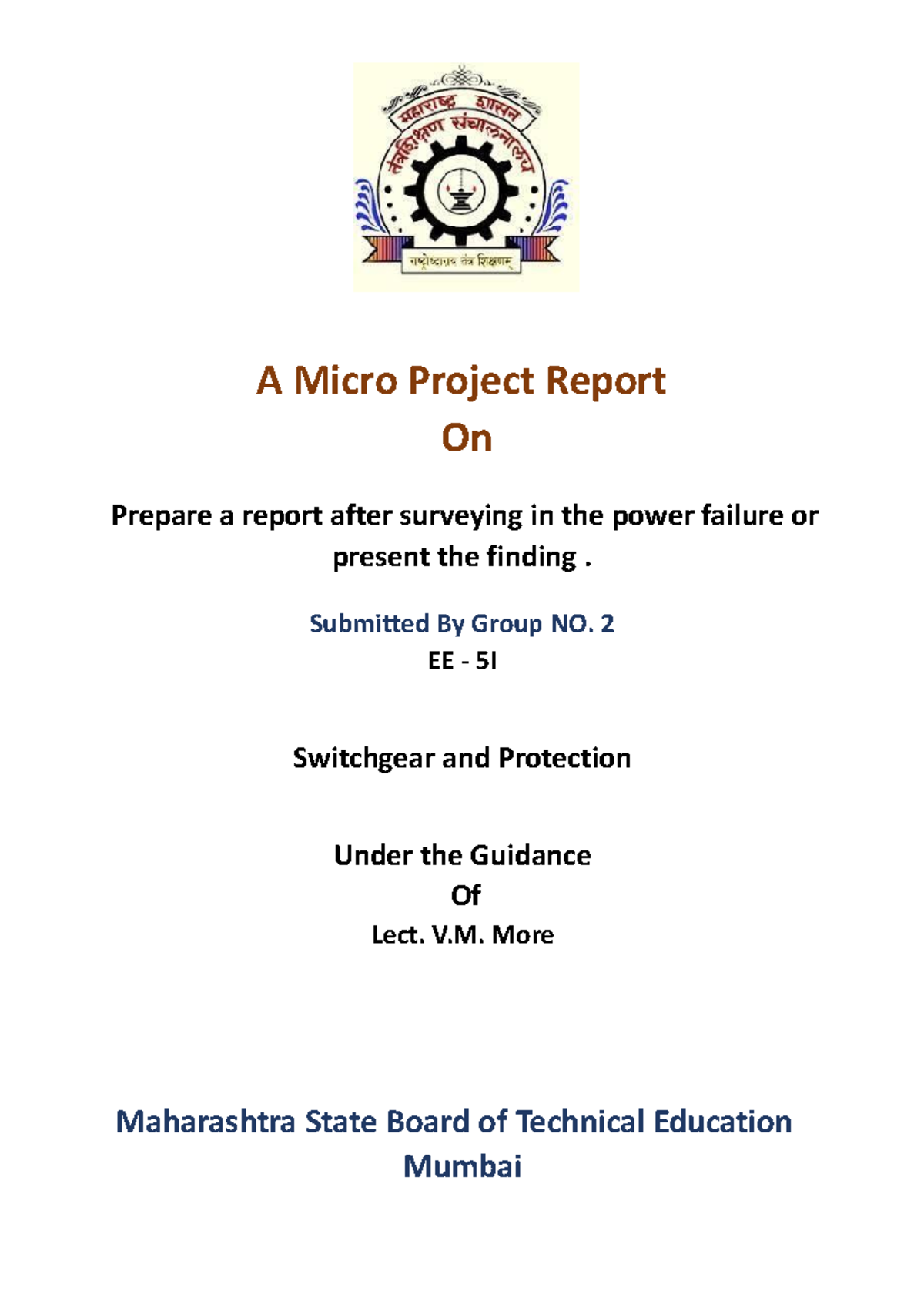 SAP Micro- Project - Submitted By Group NO. 2 EE - 5I Switchgear and ...