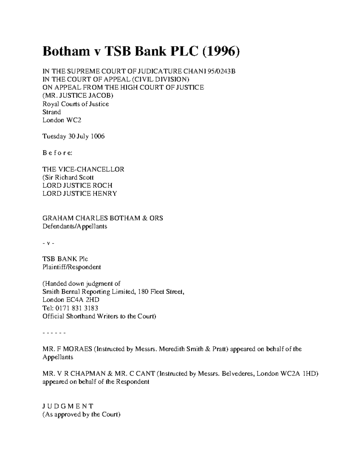 Bothamv TSBBank - Classification case - Botham v TSB Bank PLC (1996) IN ...