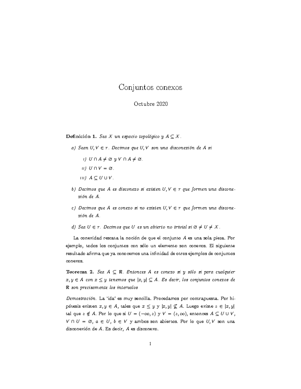Conjuntos conexos - Conjuntos conexos Octubre 2020 Definición 1. Sea X ...