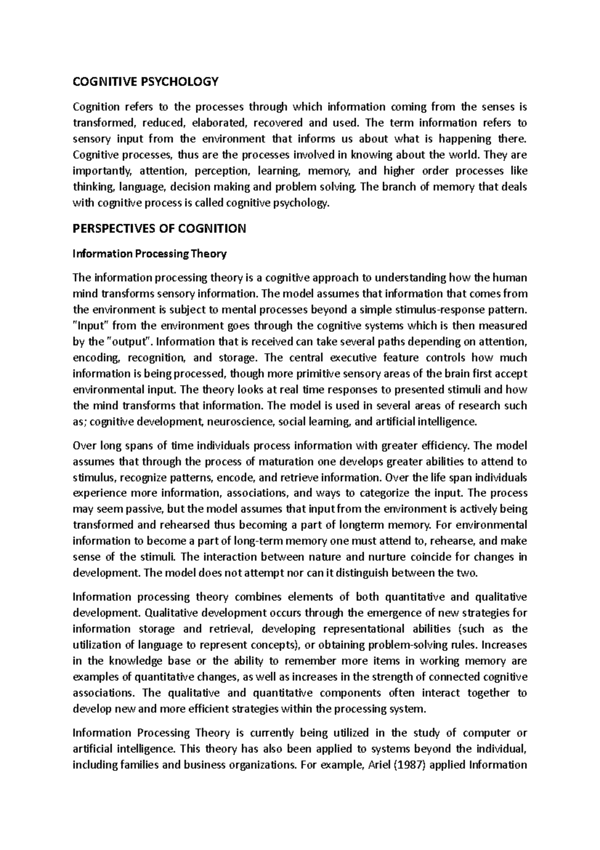 Cognitive Psychology - COGNITIVE PSYCHOLOGY Cognition refers to the ...