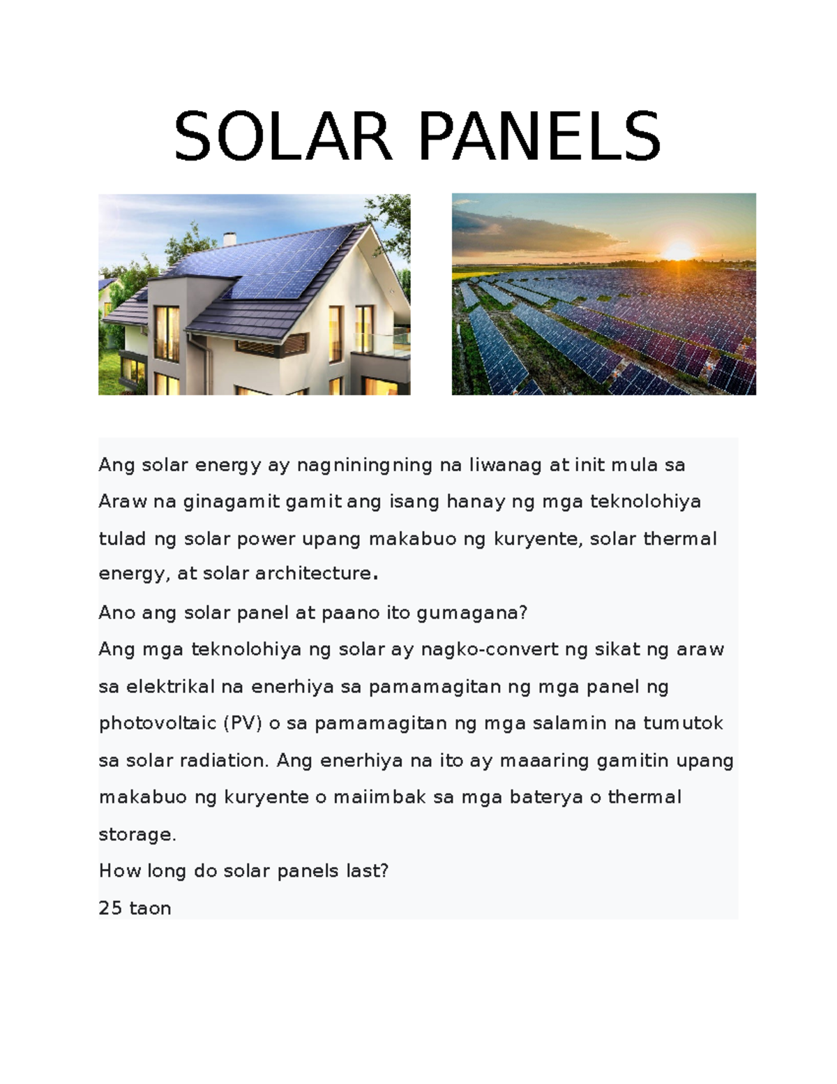 Ap script advertisment project - SOLAR PANELS Ang solar energy ay ...