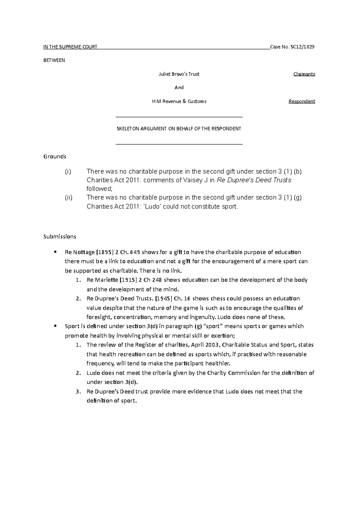 Moot skeleton - IN THE SUPREME COURT Case No. SC12/ BETWEEN Juliet ...