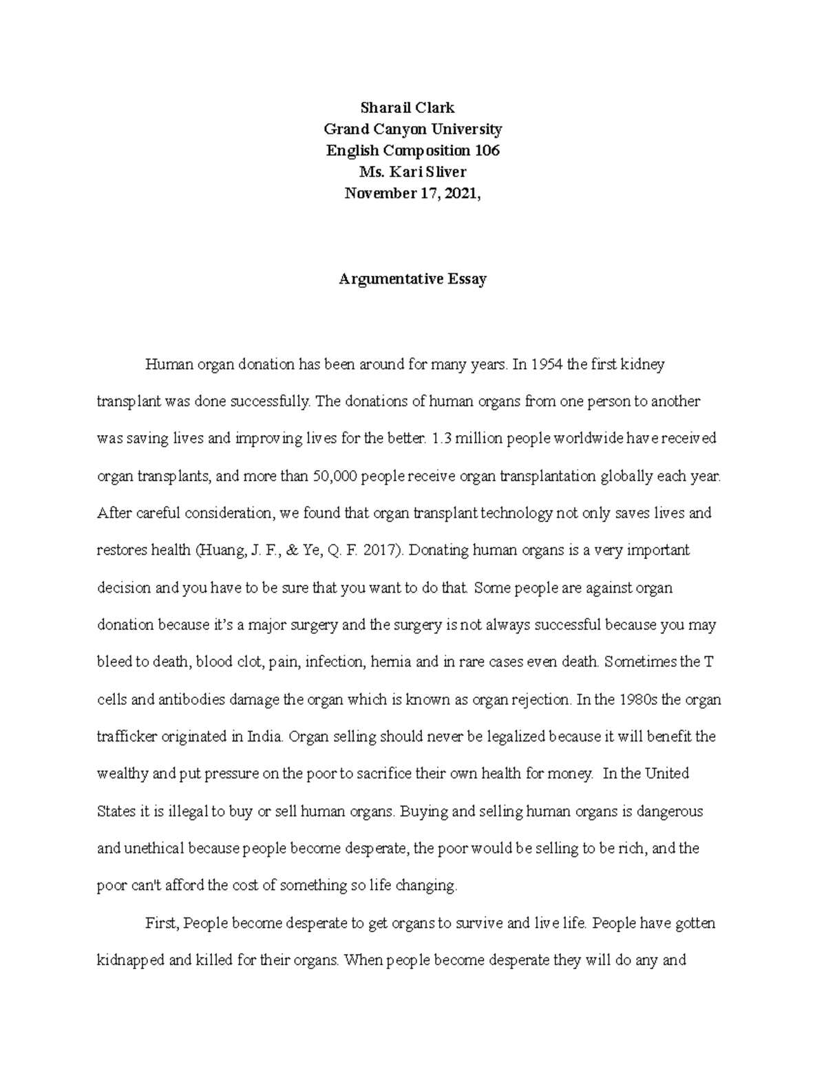Argument Essay Assignment - Sharail Clark Grand Canyon University ...