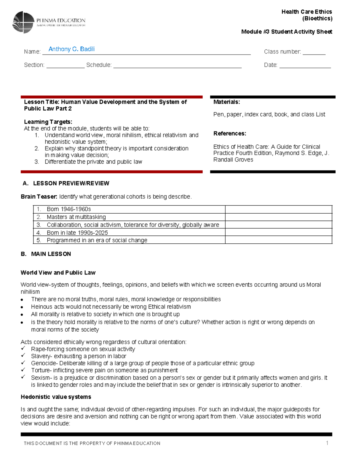 Bioethics Session 3 SAS - (Bioethics) Module #3 Student Activity Sheet ...