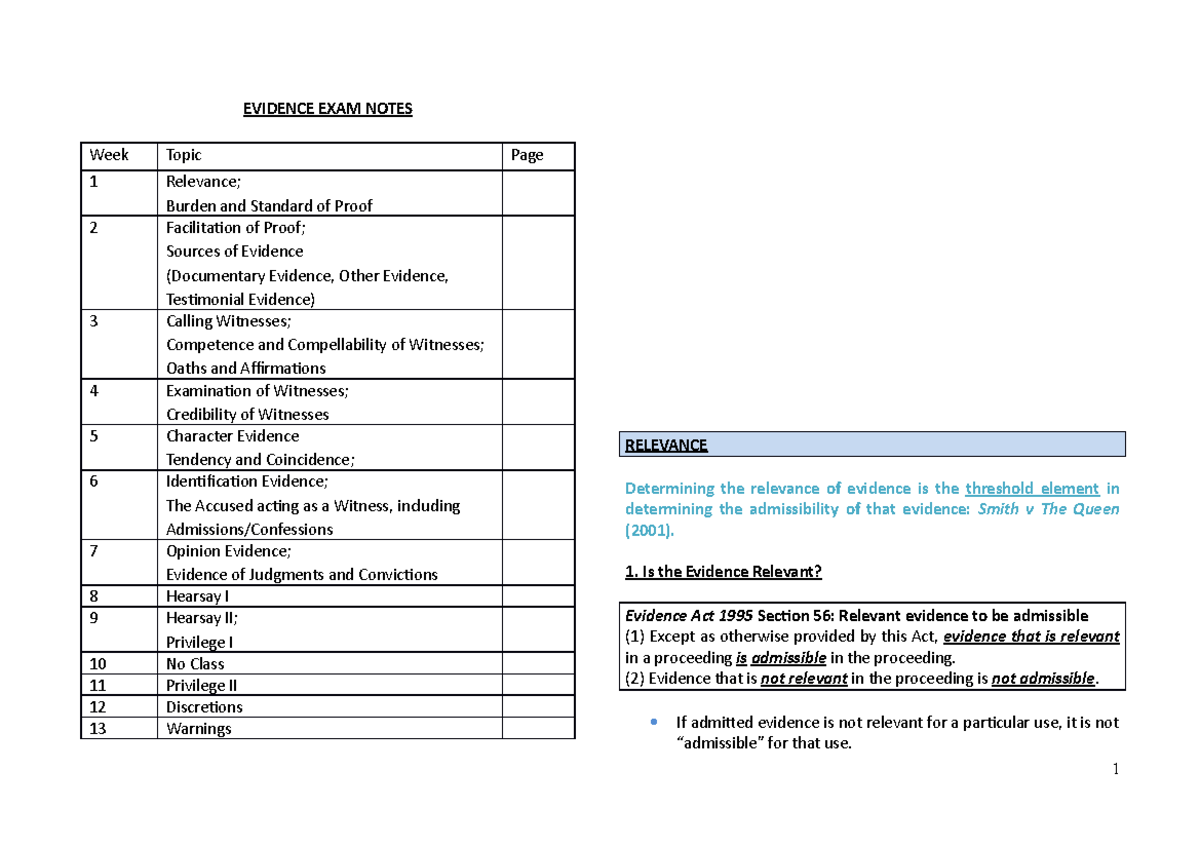 Evidence-Exam-Notes - Lecture notes 1-13 - EVIDENCE EXAM NOTES Week ...