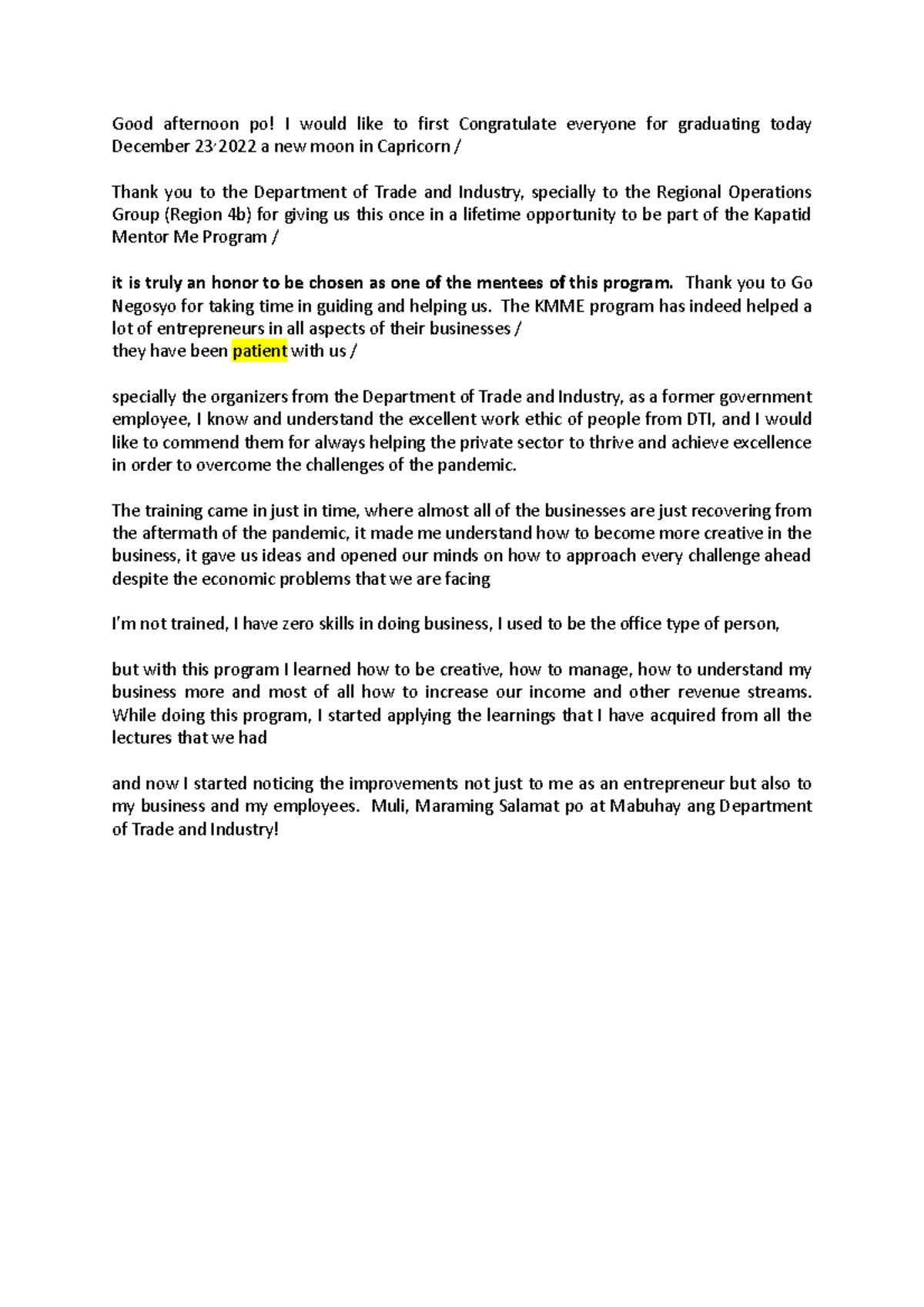 Testimonial speech - none non no n none non no n - Good afternoon po! I ...