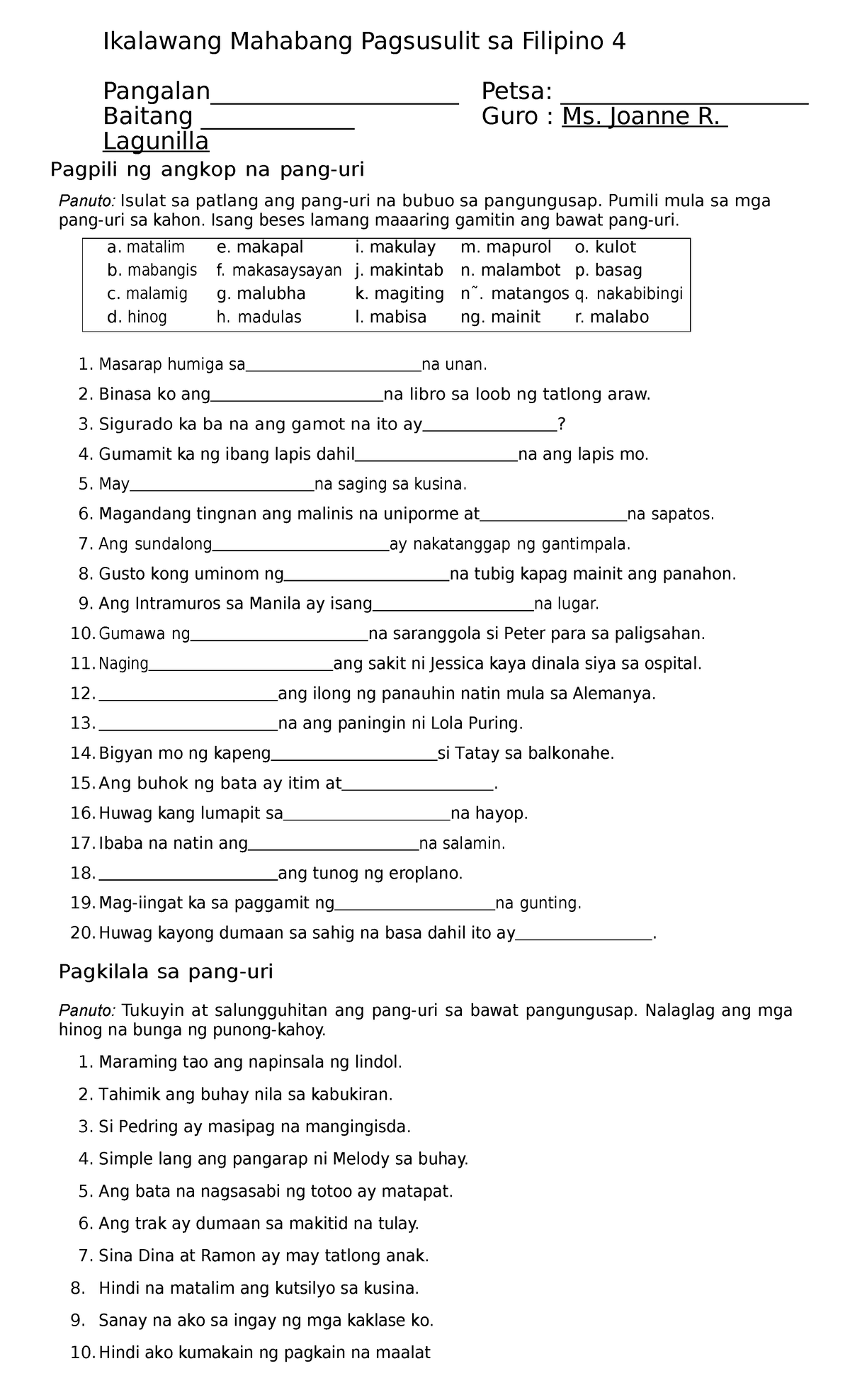 Ikalawang Pagsusulit sa Filipino 4 - Pagpili ng angkop na pang-uri ...