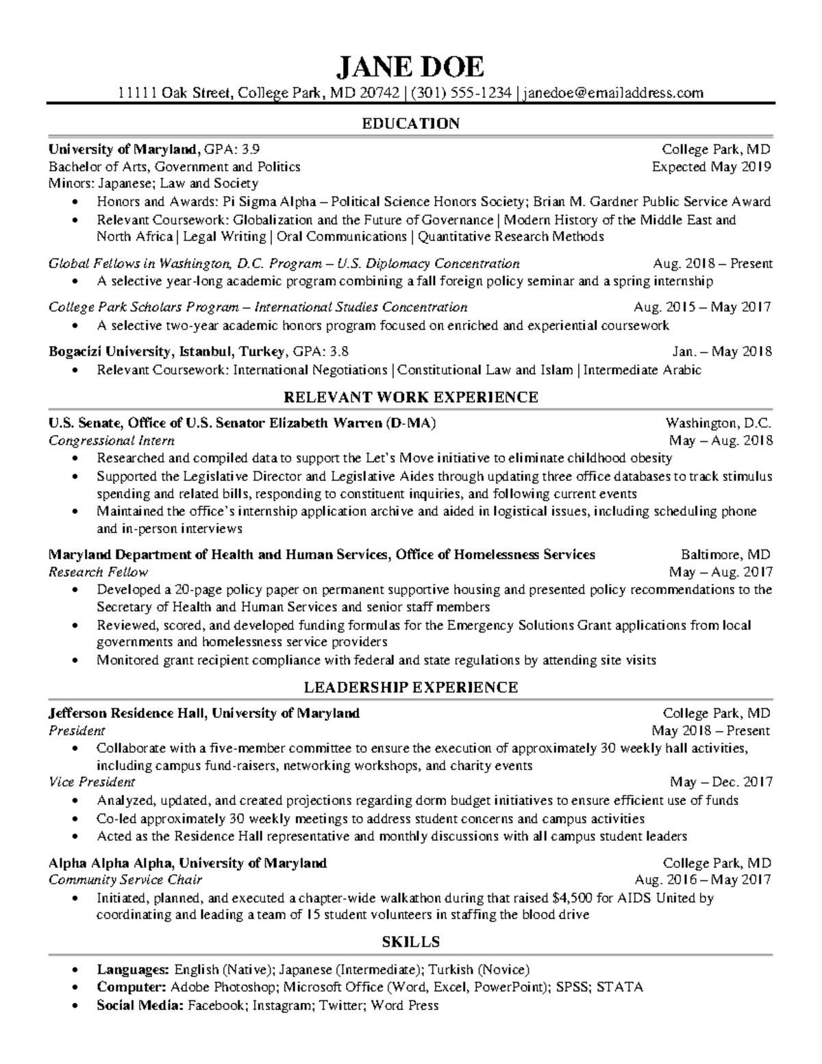 Sample Resume - JANE DOE 11111 Oak Street, College Park, MD 20742 ...
